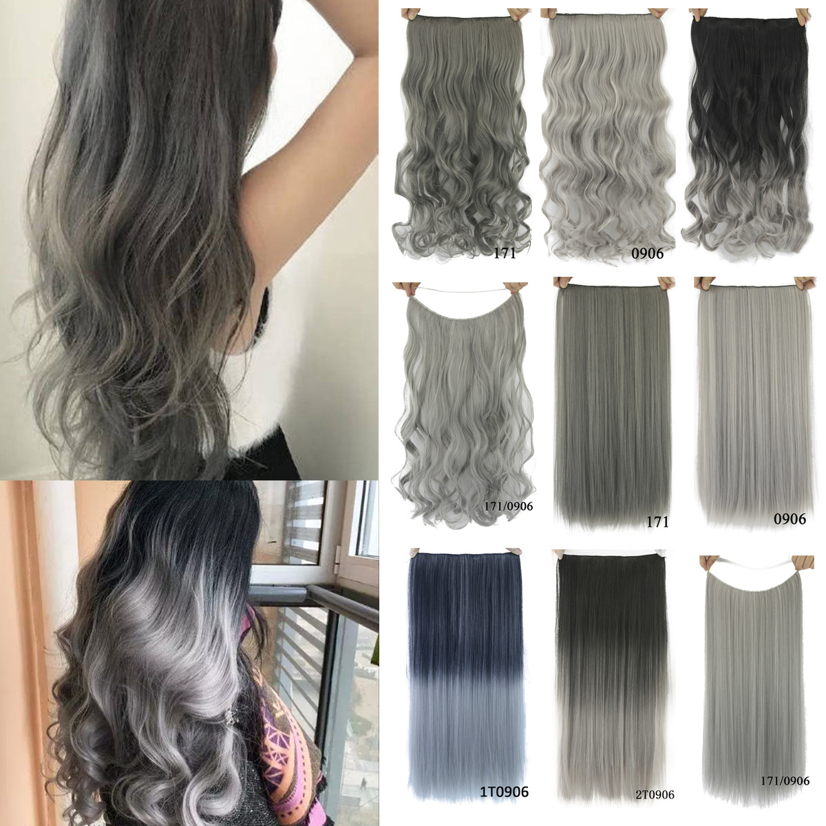 Women Hair Extension Synthetic Clip In Hair Extensions Black To Gray ...